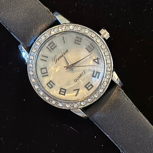 Geneva | Accessories | Geneva Ladies Watch Black Leather Band White ...